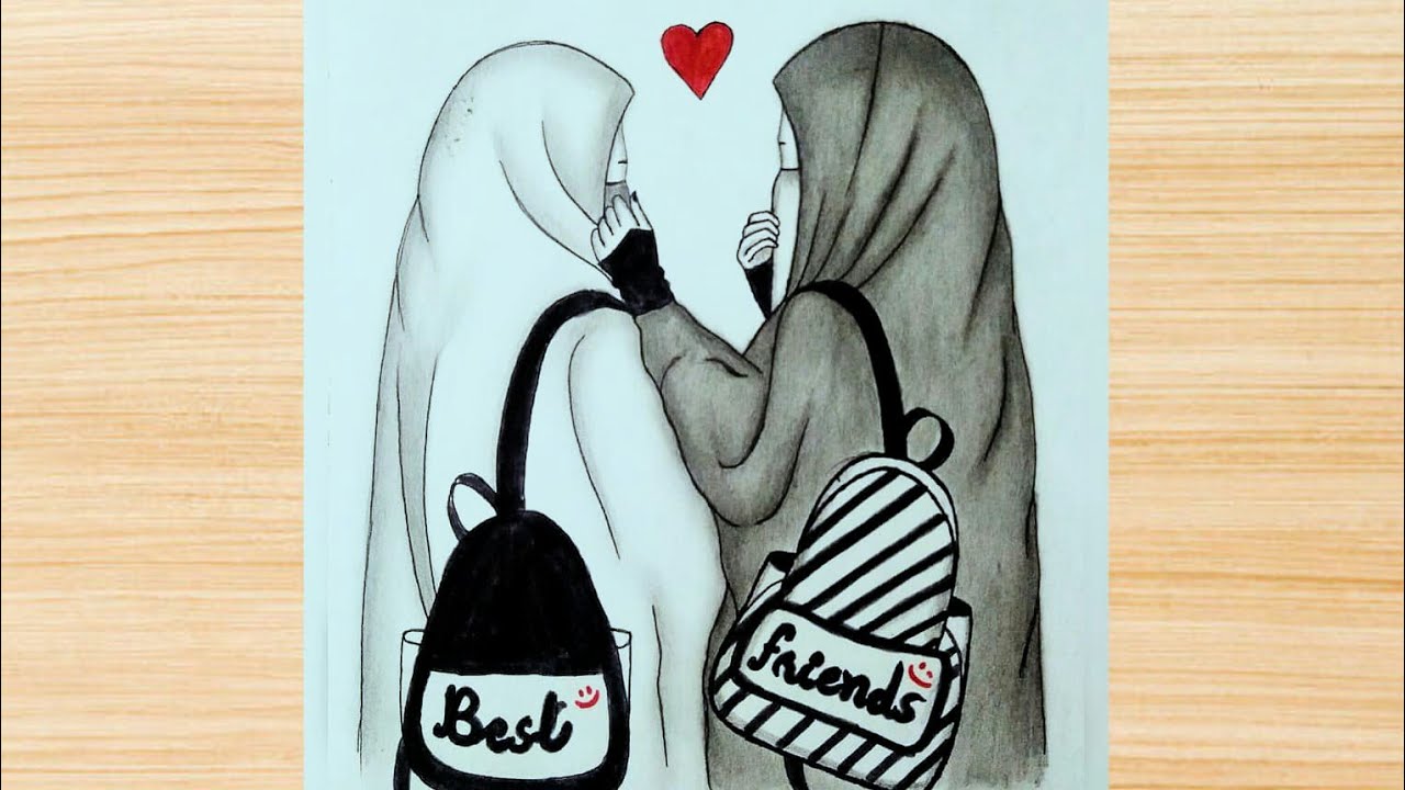 How to draw sketch of best friends in hijab || step by step || easy to ...
