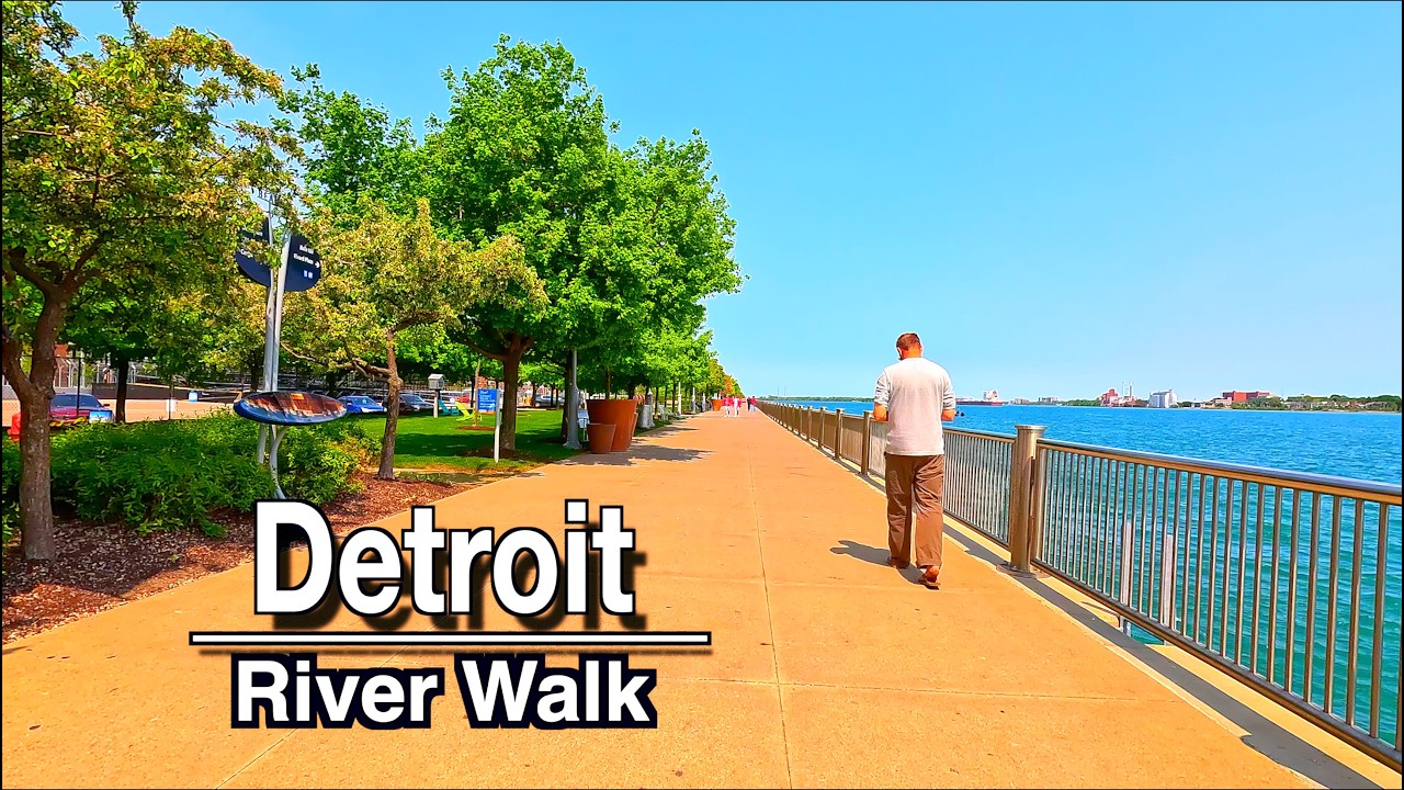 Downtown Detroit Relaxing River Walk , Michigan | 4k 60FPS | Lets Walk ...
