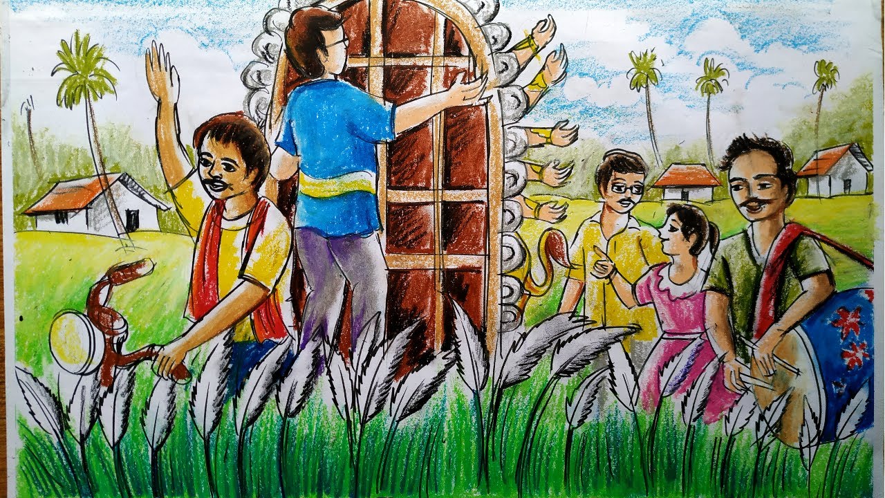 durga pujar scenery drawing,maa durga drawing,sarat kaler scenery ...