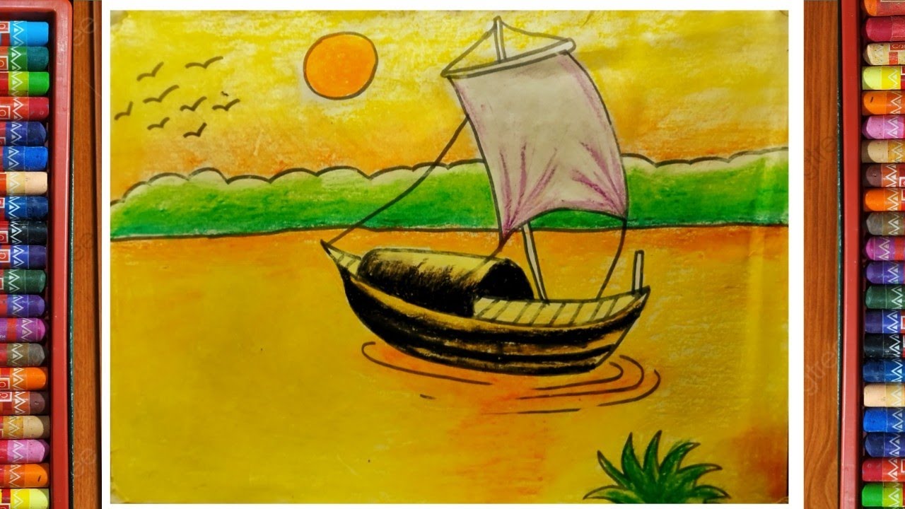 How to draw a boat sunset scenery || easy sunset scenery drawing stap ...