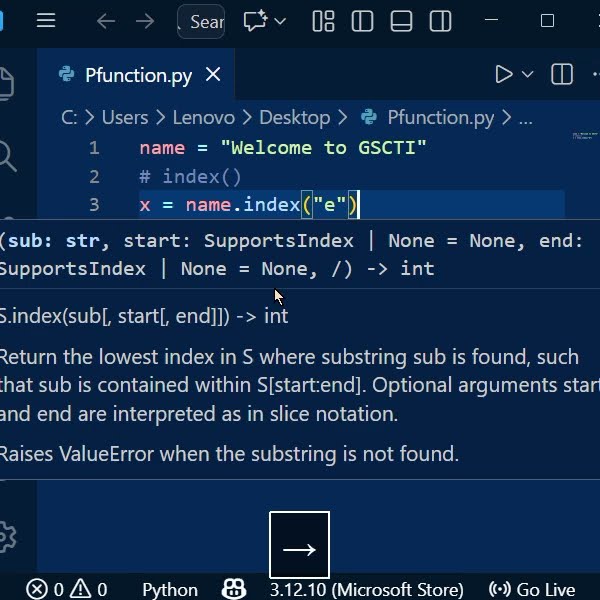 Index() Method in Python | String Methods #pythontricks #python. - YouTube