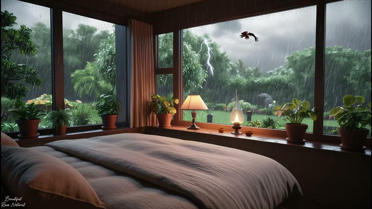 Instant Relax & Fall Asleep with Powerful Rainstorm on Window & Mighty Thunder on Stormy Night ...