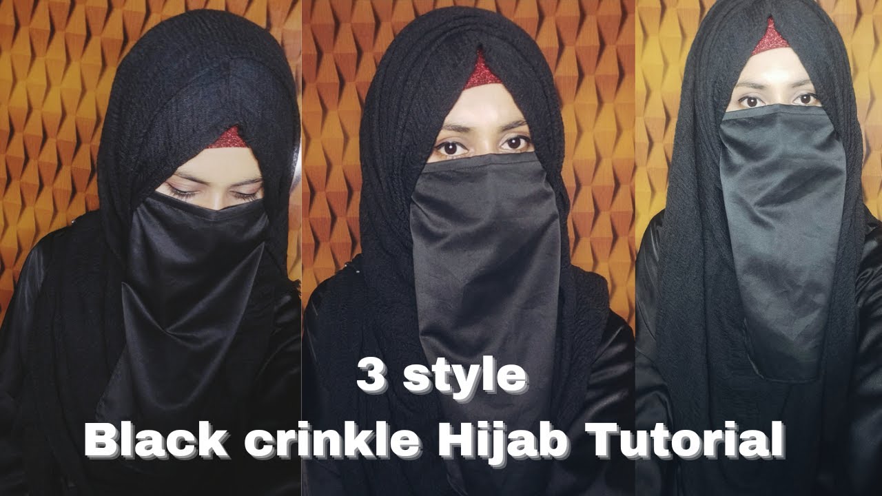 3 Style of Black crinkle Hijab Tutorial | full coverage| Black hijab ...