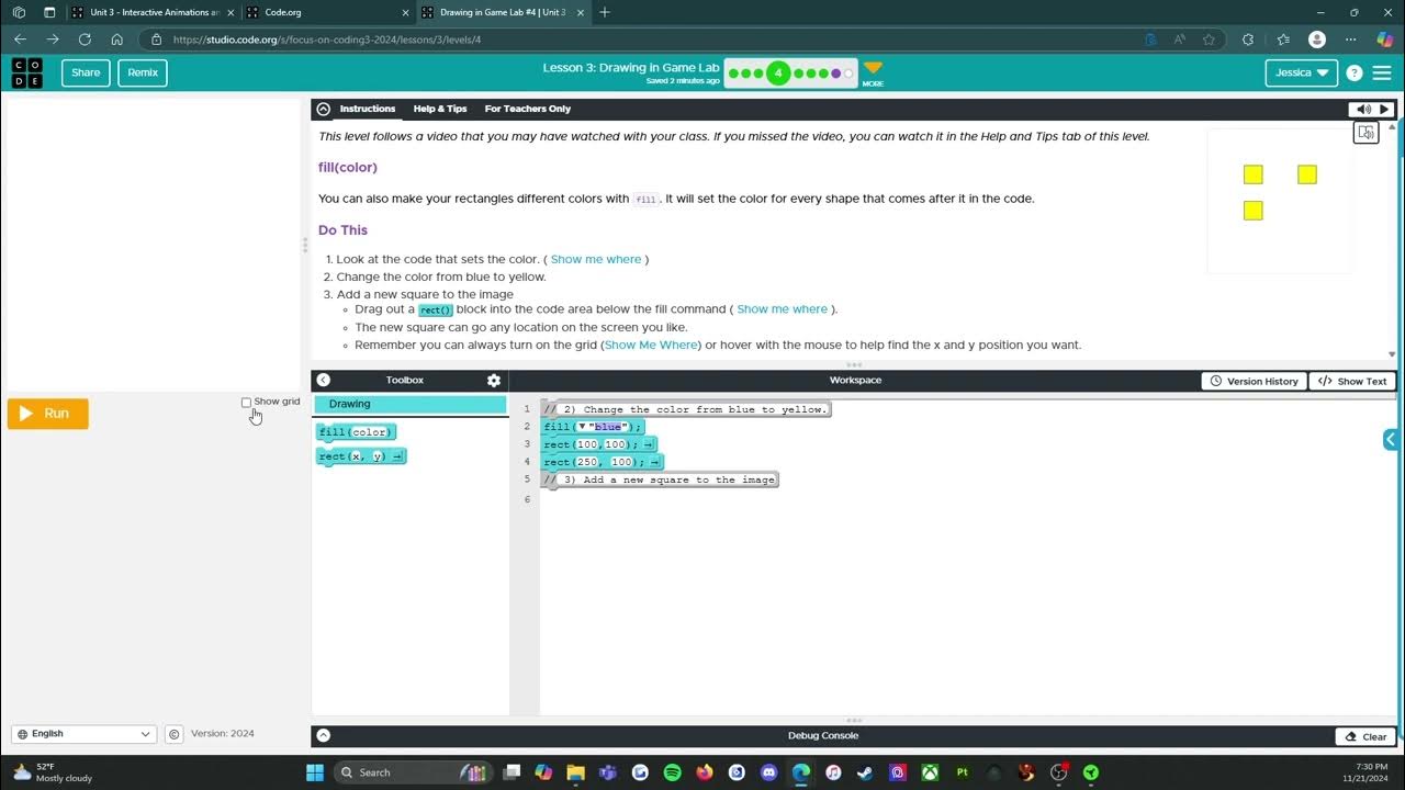 Code.org - CS Discoveries - Unit 3: Interactive Animations & Games: Lesson 3: Level 4 - YouTube
