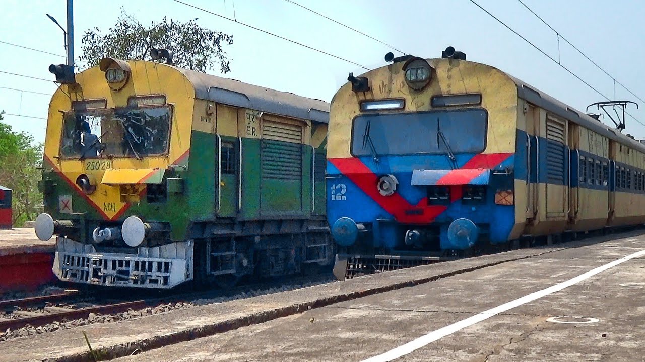 Different colored old MEMU passenger trains crossing at Talit | भारतीय ...