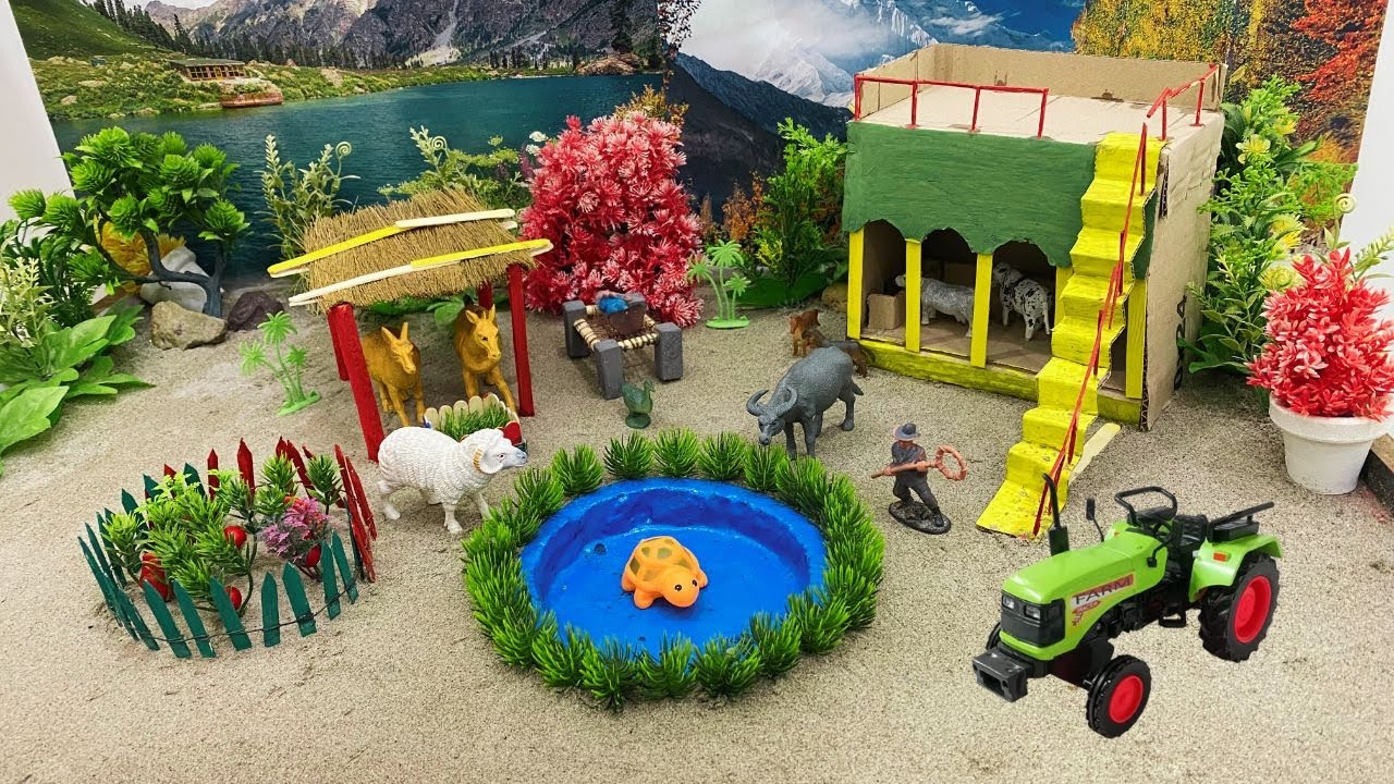 DIY Farm Diorama with house for cow and round pool | Farm animals ...