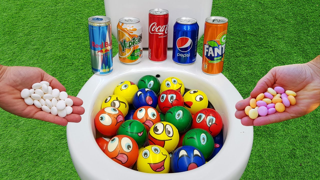 Colorful BALL vs Fruity MENTOS, Coca Cola, Red Bull, Fanta, Yedigün ...