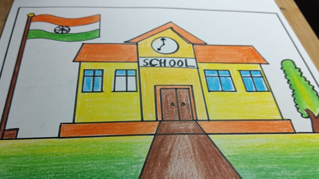 School Scenery Drawing / My School Drawing / How to Draw a School Easy ...