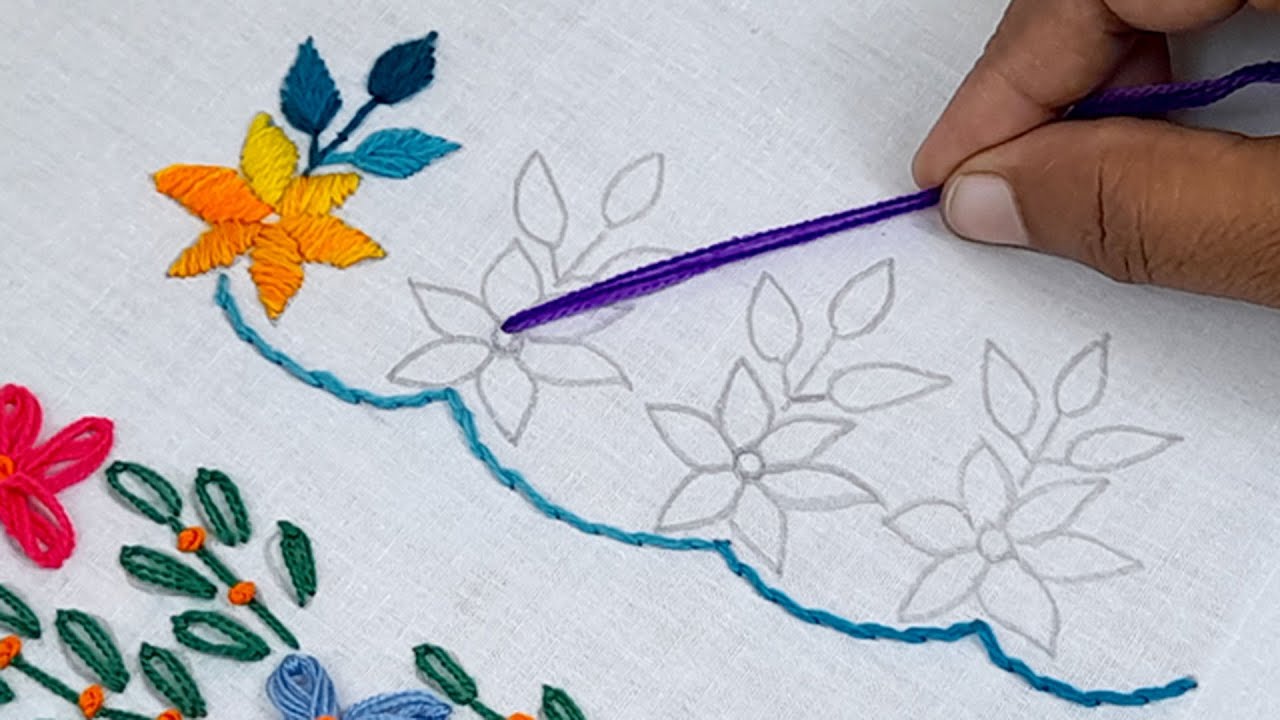 hand embroidery border line design for dress - simple & easy stitch border design - YouTube