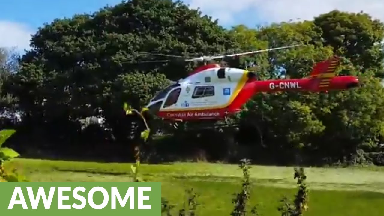 Air ambulance helicopter emergency landing and takeoff - YouTube