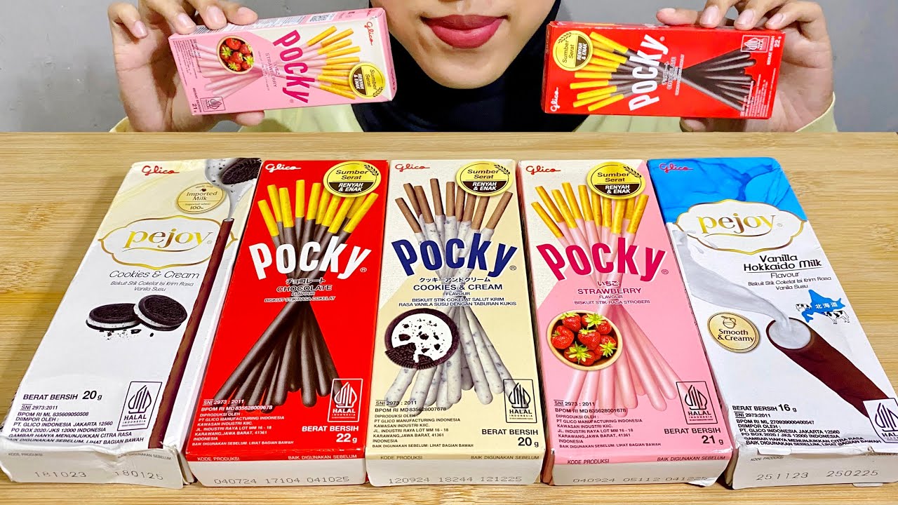 ASMR POCKY DAN PEJOY | COOKIES AND CREAM, CHOCOLATE, STRAWBERRY ...