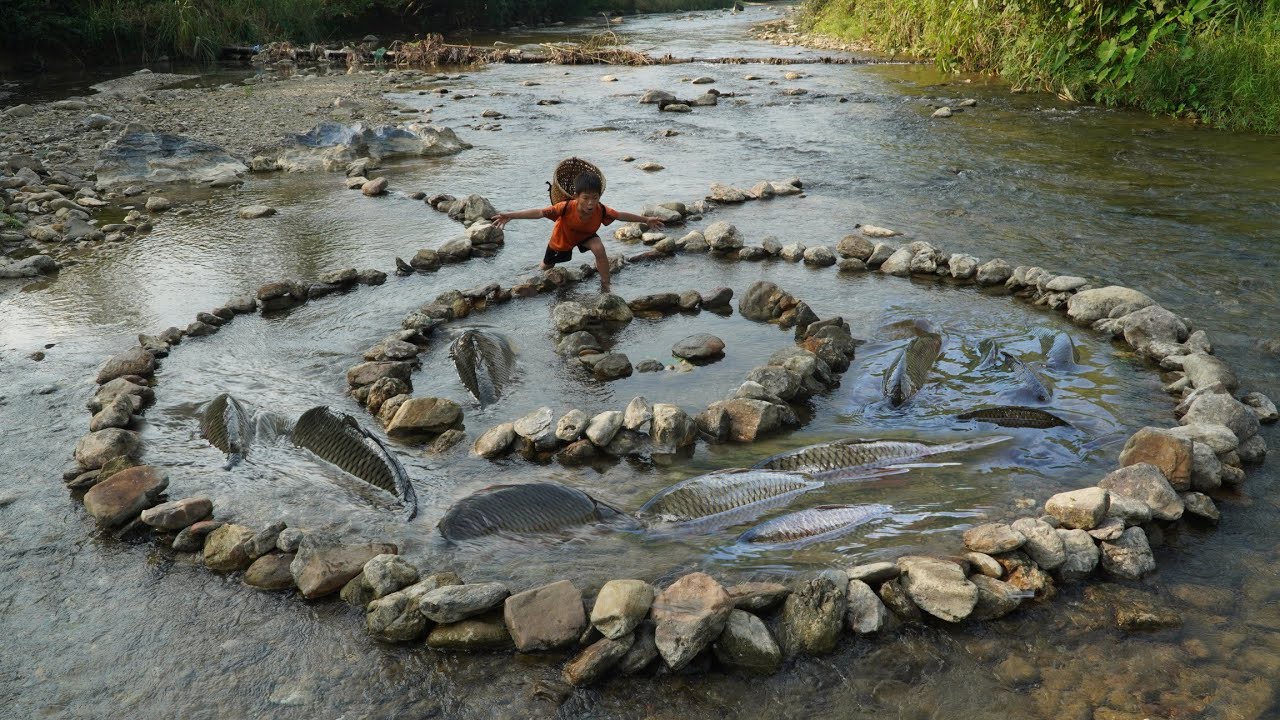 How to make a unique fish trap: The boy arranges rocks to make a trap ...