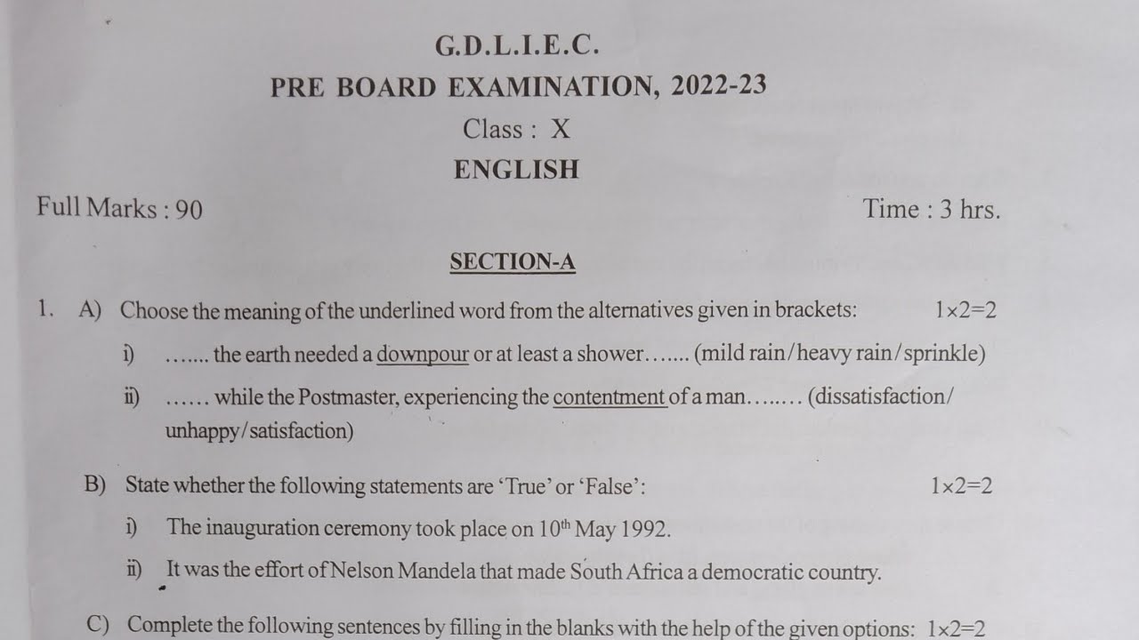 SEBA Class 10 Pre final examination 2022-23 English question paper of ...