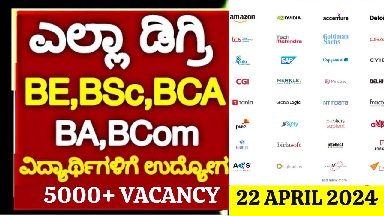 ಎಲ್ಲಾ ಡಿಗ್ರಿ,BE,BCA,BA,BCOM ವಿದ್ಯಾರ್ಥಿಗಳಿಗೆ 5000+ JOB VACANCY ಅವಕಾಶ ...