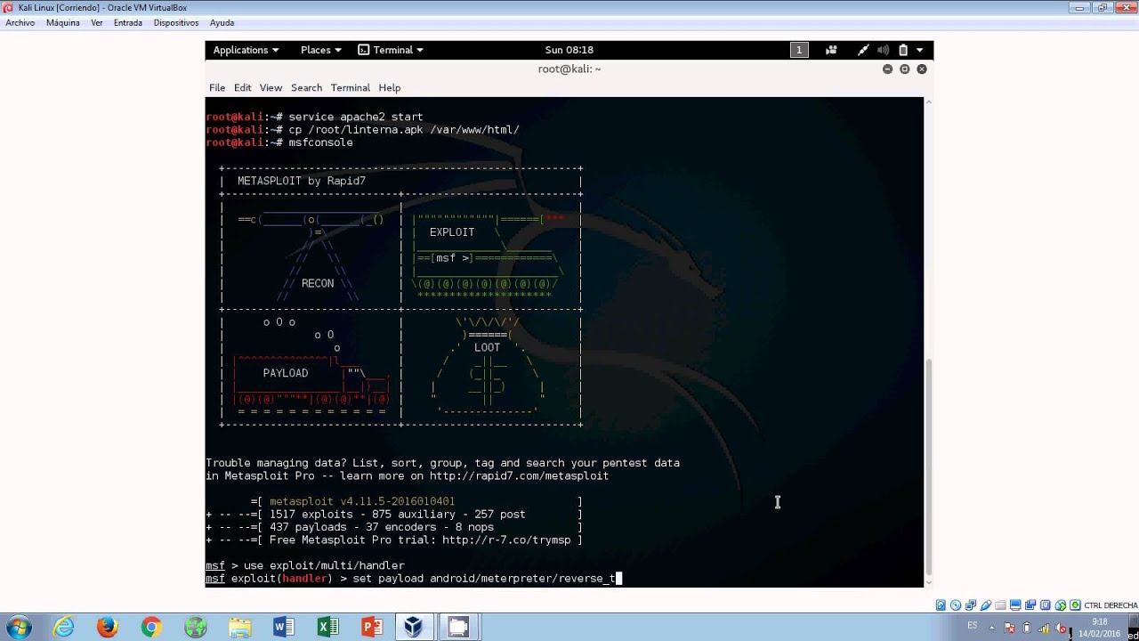 Interceptación de smartphone Android con Metastploit y Msfvenom - YouTube