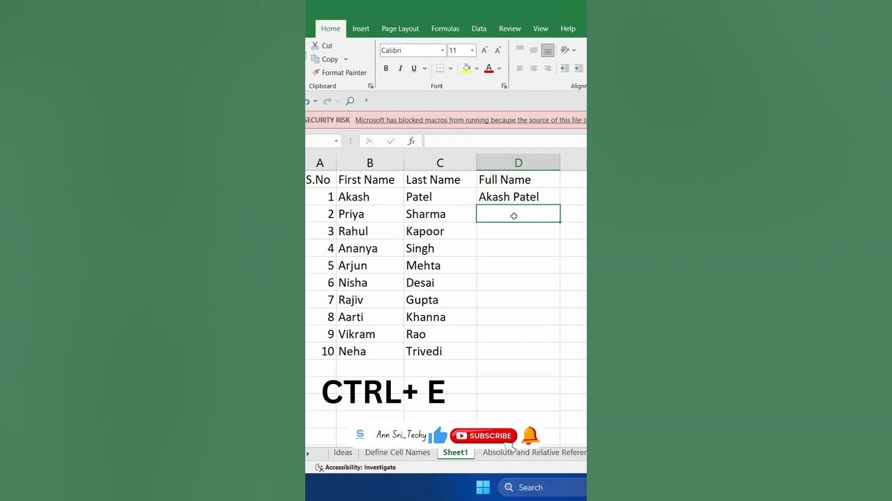 Combine First and last name in Excel | Flash fill function | #exceltips #exceltutorial #shorts ...