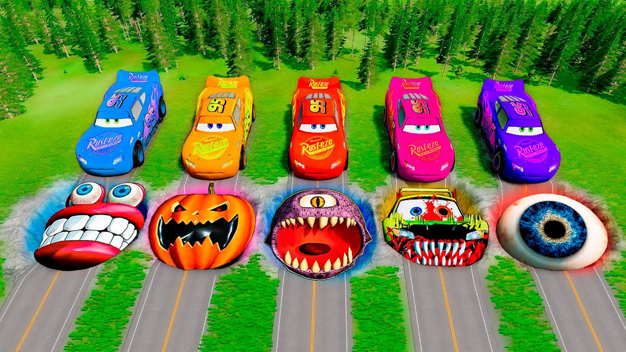 Mega Acid, Ghost, Pumpkin, Zombie Mcqueen Pits vs Huge & Tiny Lightning ...