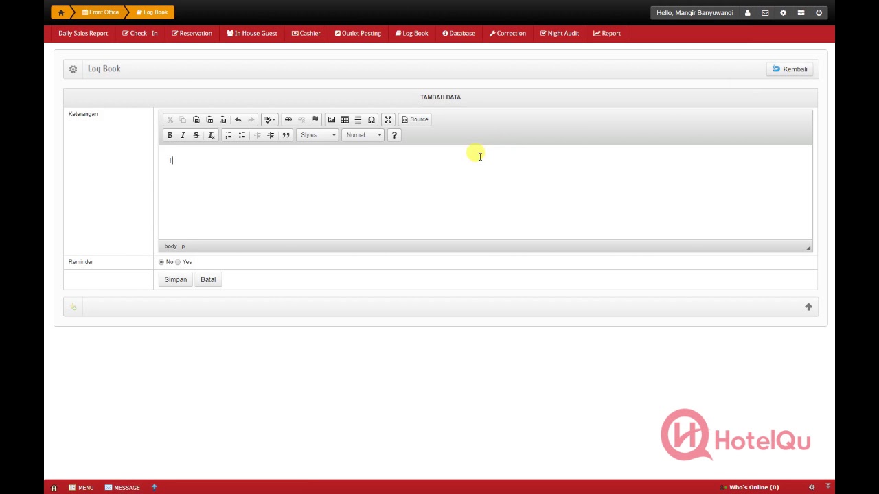 Tutorial HotelQu - Front Office - Log Book - By Telkom Indonesia - YouTube