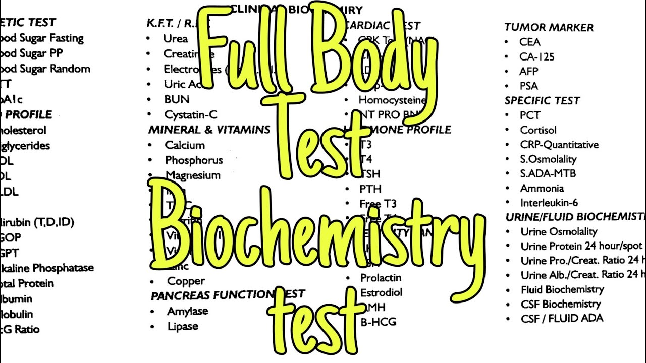 Body full check up test , biochemistry test list - YouTube