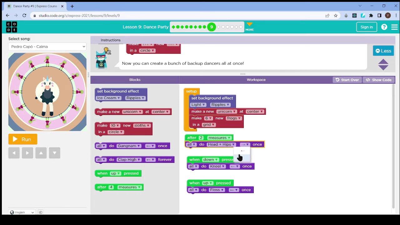 L9-9 |Code.org | Express-2021 | Lesson 9:Dance party| level 9 - YouTube