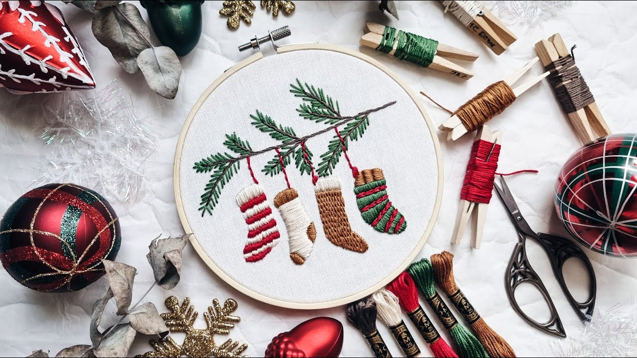 Christmas socks embroidery pattern - YouTube