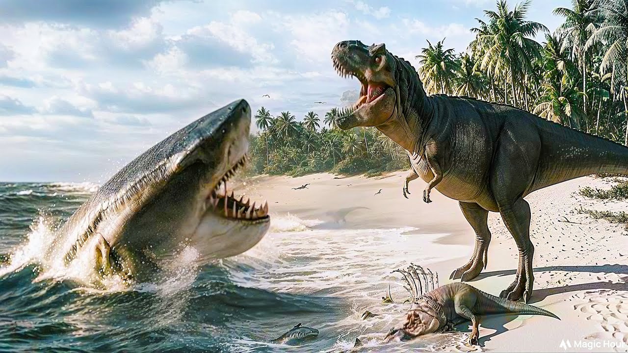 T-Rex Falls to Megalodon - Godzilla Takes Revenge - YouTube