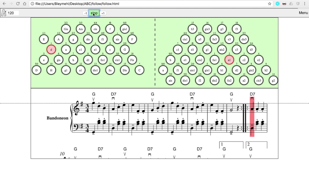 2: Showing keys on bandoneon parallel to playing scores in browser ...