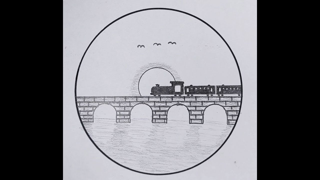 how to draw circle drawing bridge and train step by step | - YouTube