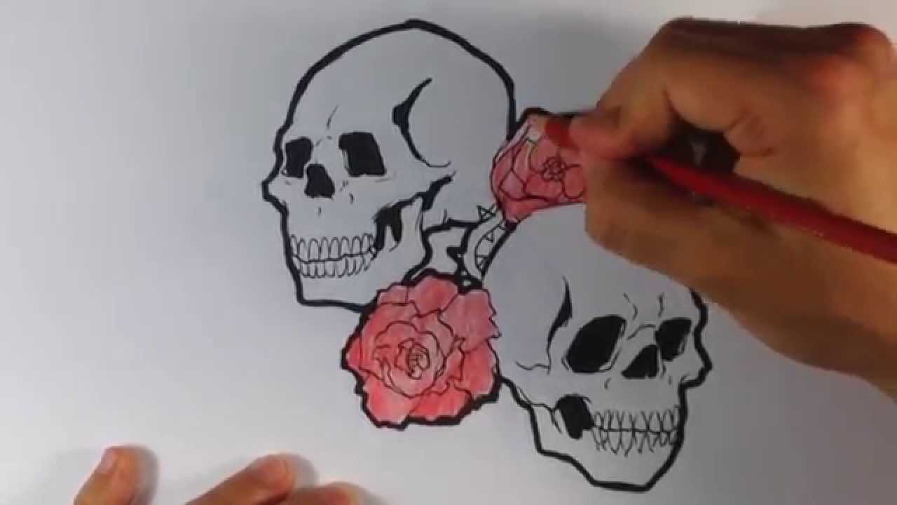 How to Draw a Tattoo Design - Skulls and Roses - YouTube