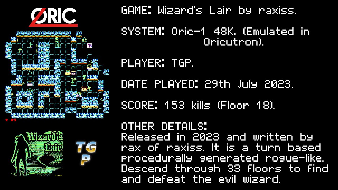 Wizard's Lair - raxiss - Oric-1 48K - Normal Difficulty - Emulated, Oricutron - 153 kills. - YouTube