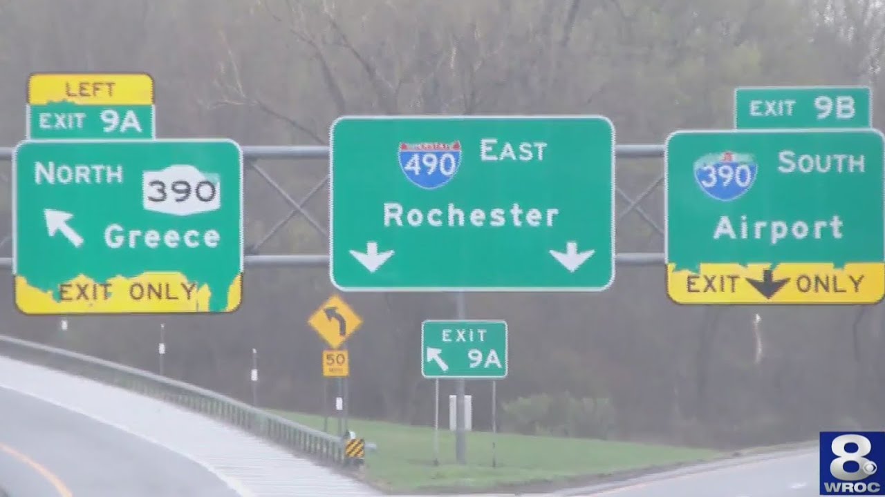 Department of Transportation 'aware' of peeling I-490 road signs - YouTube