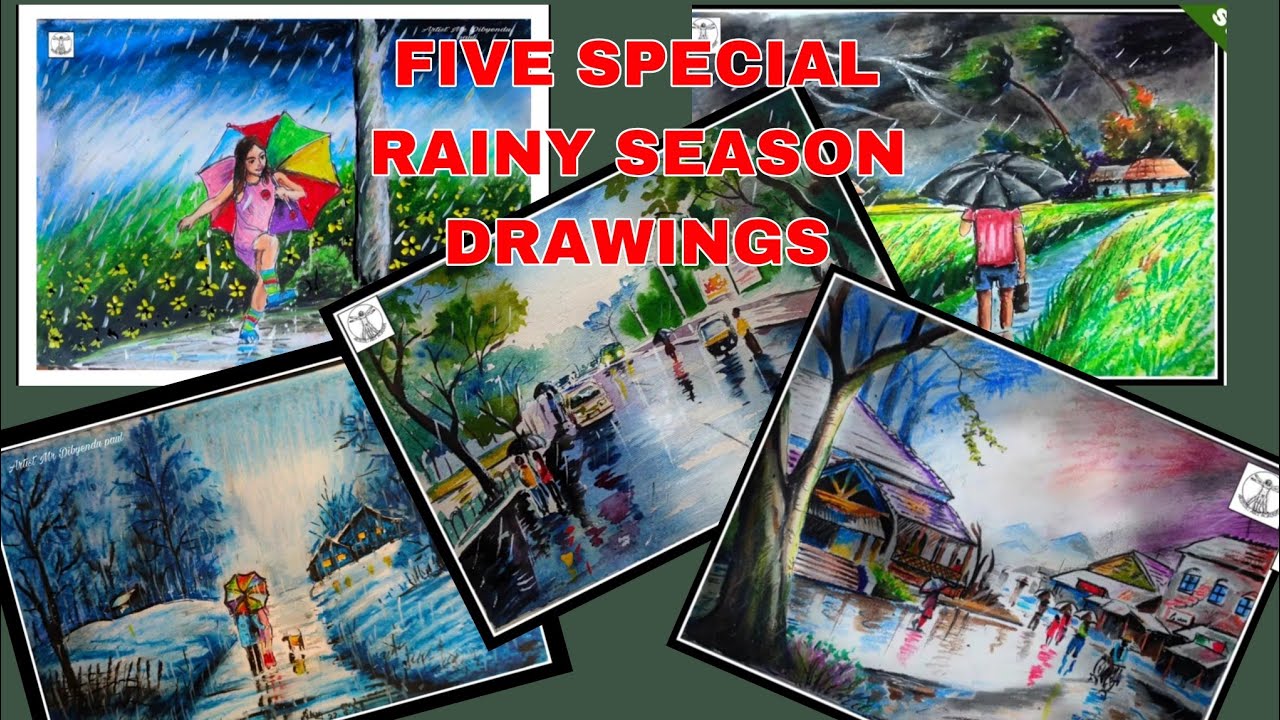 How to draw Rainy Day Scenery step by step/ Five Rainy Season Scenery ...