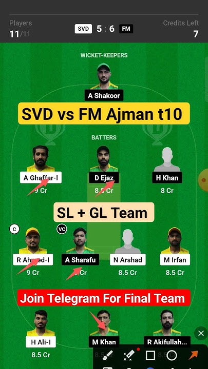 SVD vs FM Dream11 Prediction, SVD vs FM Dream11 Team,SVD vs FM Ajman T10 Dream11 Team Of Today ...