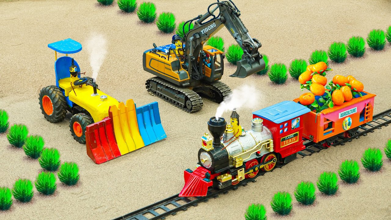 Diy tractor mini Bulldozer Harvesting Farm | Excavator rescue Train ...