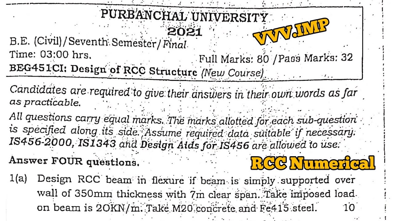 Design of Rectangular Beam | 2021 PU | RCC Numerical | Most important ...