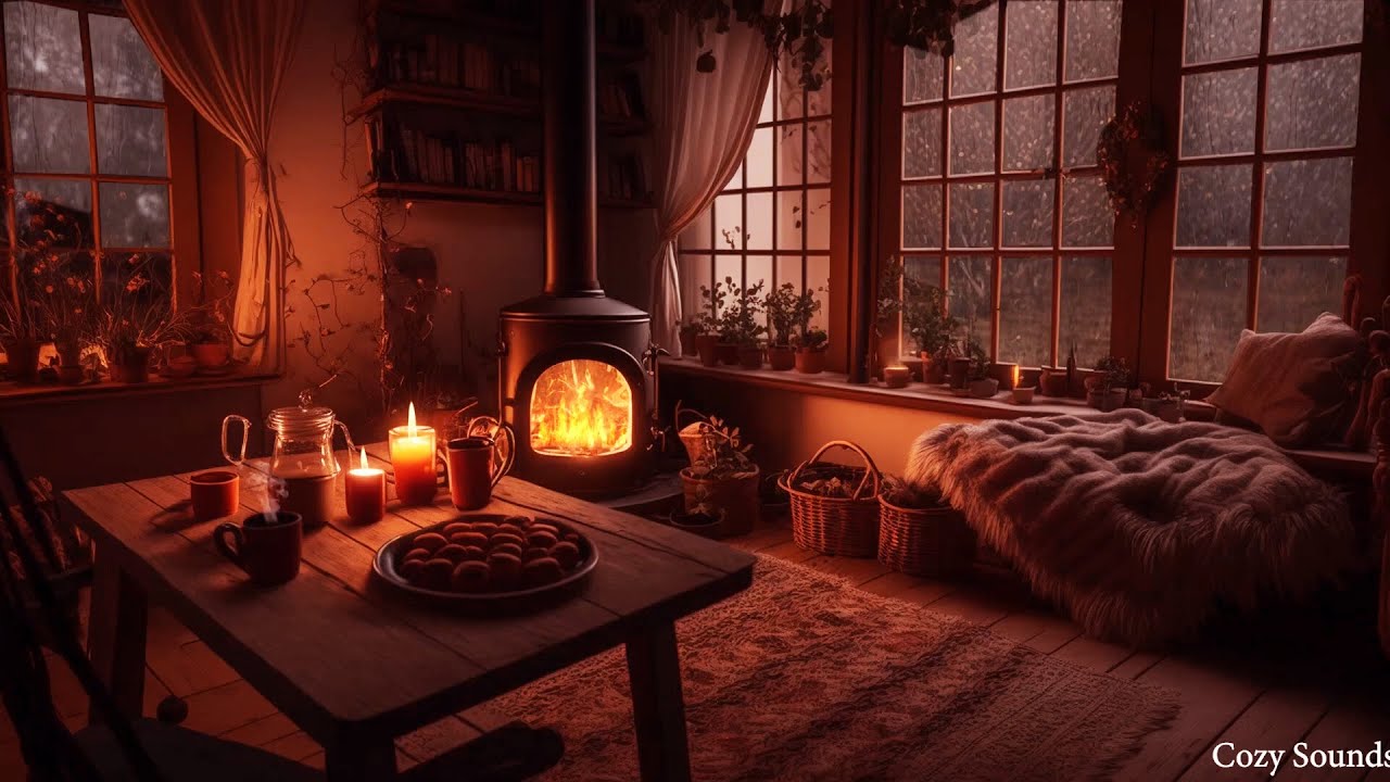 Cozy Room Ambience Asmr🌙 Rain On Window Sounds With Crackling Fire For