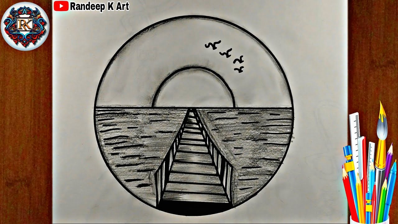 How to draw incircle drawing a bridge and the river and the sun drawing ...