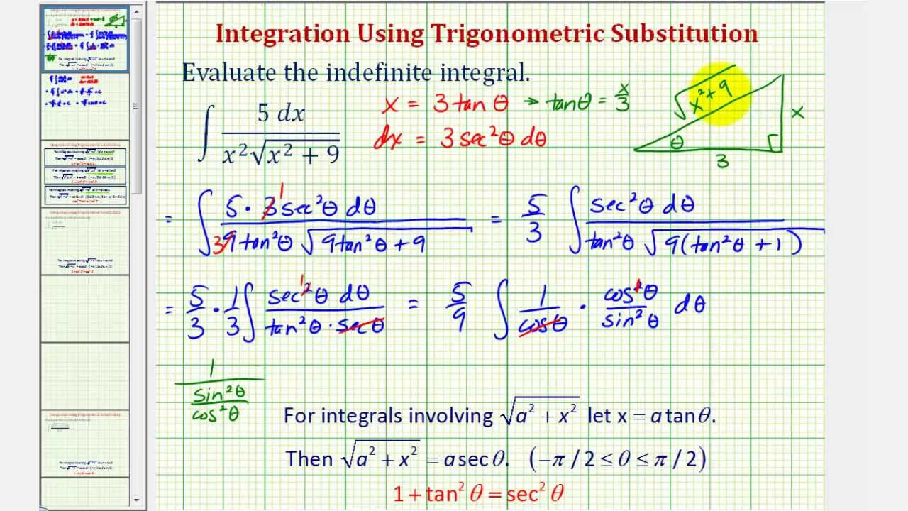 Ex 1 Integration Using Trigonometric Substitution YouTube