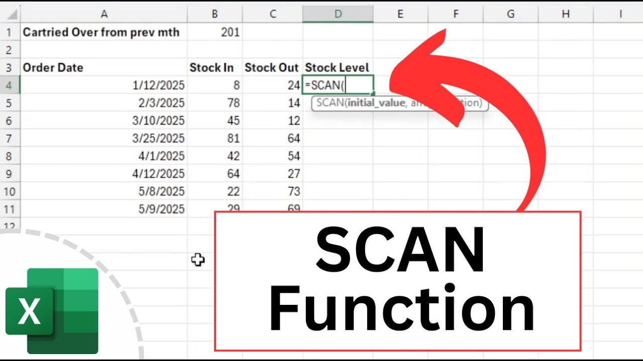SCAN Function - Excel Inventory Formula | Stock In Stock Out Stock ...