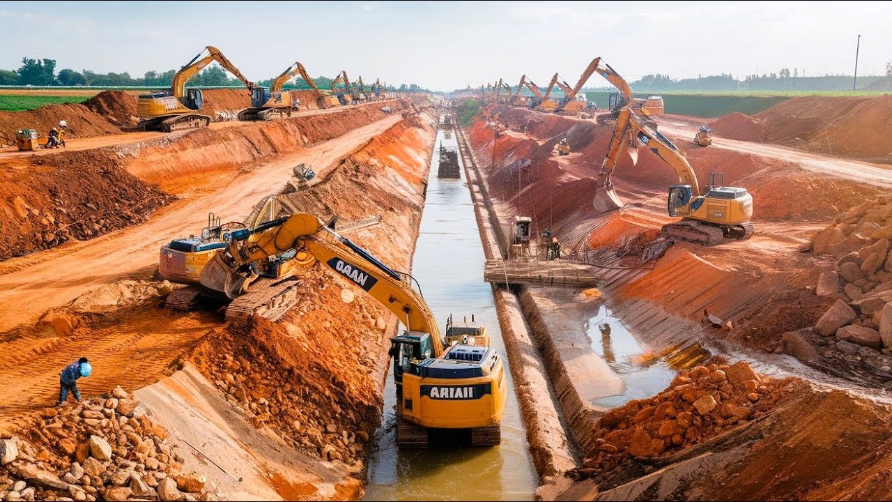 Excavators at Work on a Huge Canal | Massive Canal Digging Operation ...