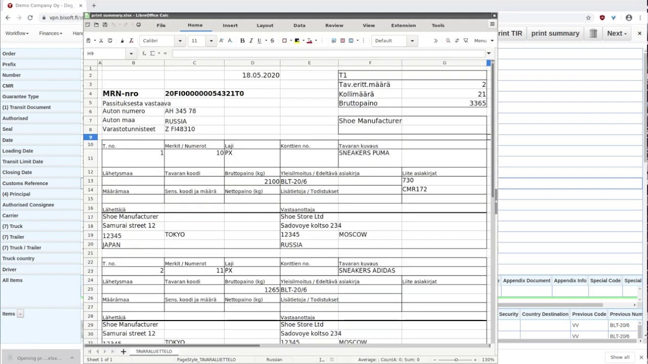 Unloading/loading transit cargo, making CMR, transit declaration and ...