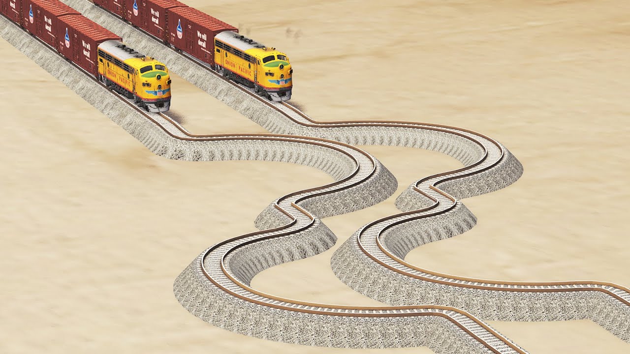 Double Trains vs Crazy Wavy Rail Track Crossing - BeamNG.Drive - YouTube