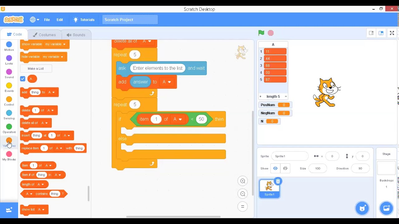 Scratch Programming Count Total Number Of Positive And Negative Numbers In A List Youtube