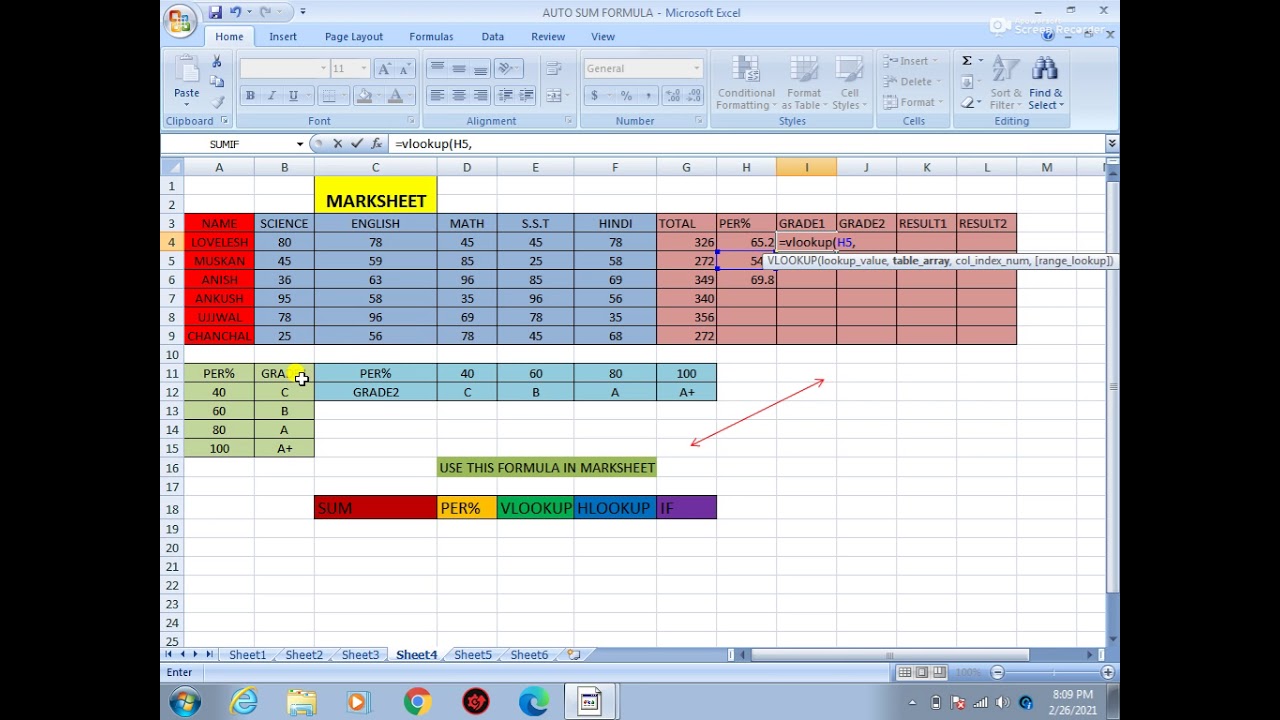 Formula in Excel Vlookup and Hlookup , sum, per%, - YouTube