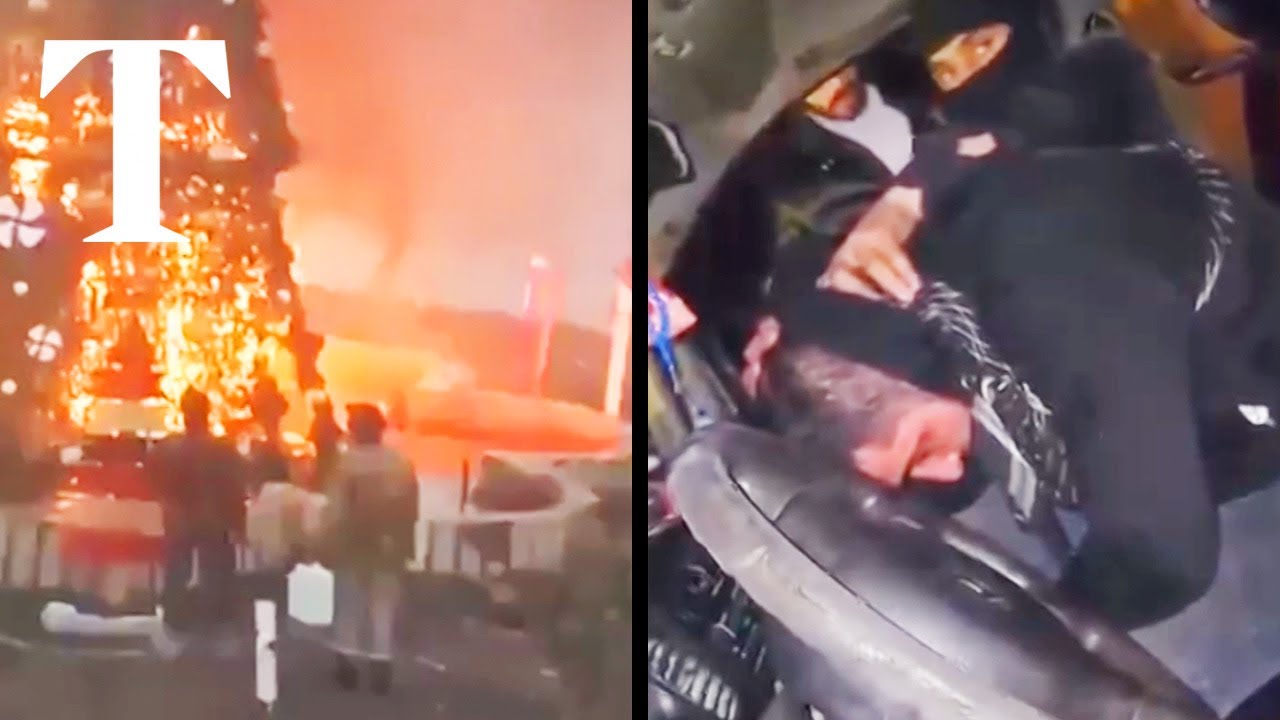 Protests erupt after masked men burn Christmas tree in Syria - YouTube
