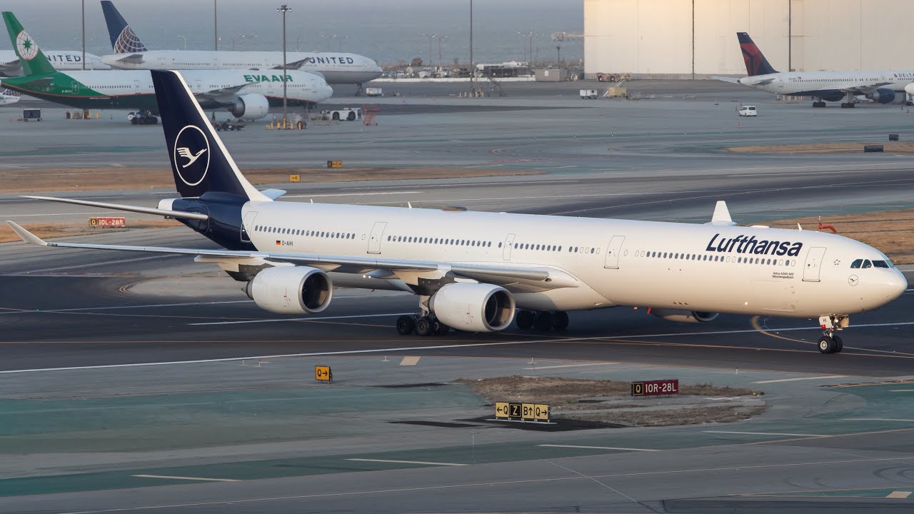 [4K] NEW LIVERY LUFTHANSA A340 ARRIVAL AT SFO - YouTube