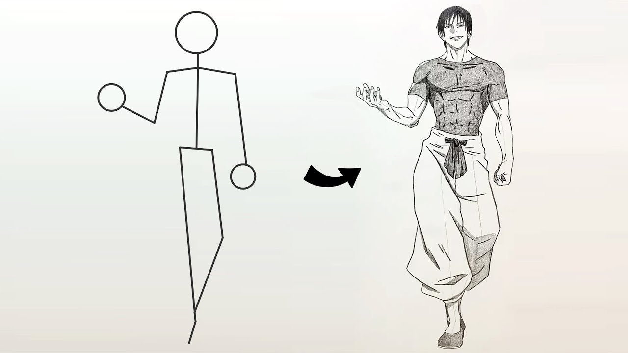 How to draw Toji Fushiguro full body out of stick man || Easy step-by ...
