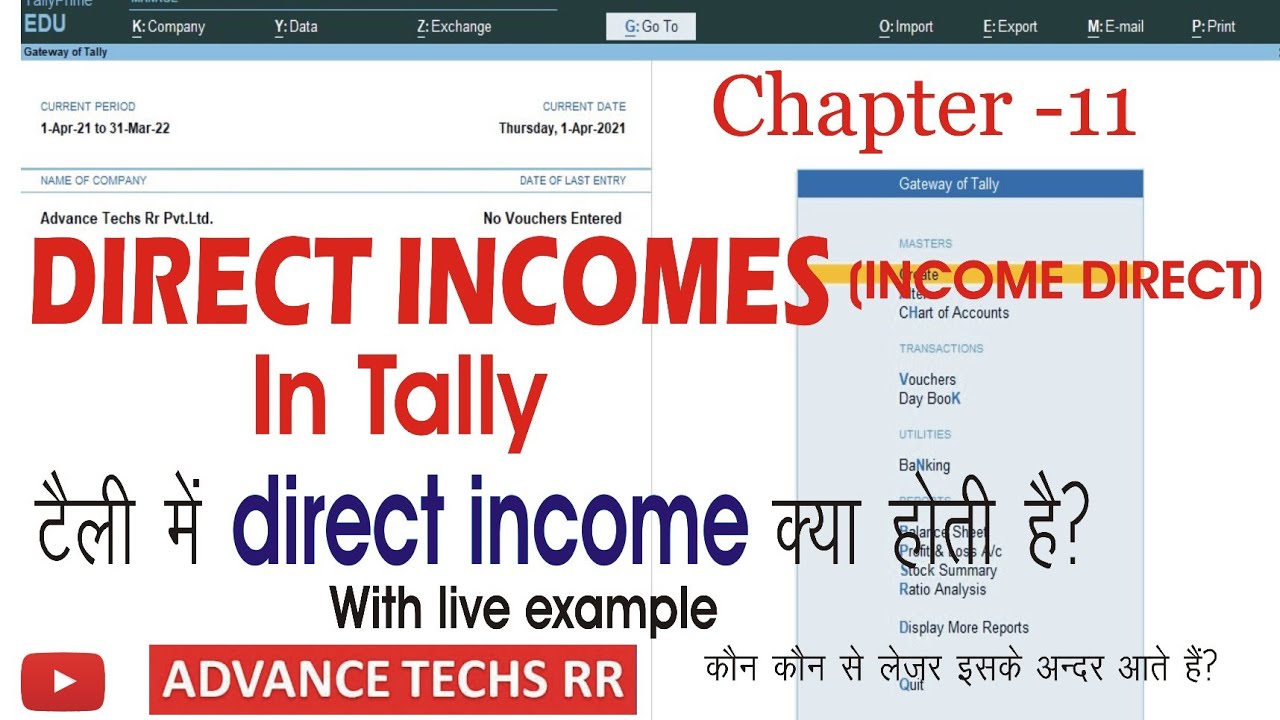 Direct income in tally prime in hindi || with live example - YouTube