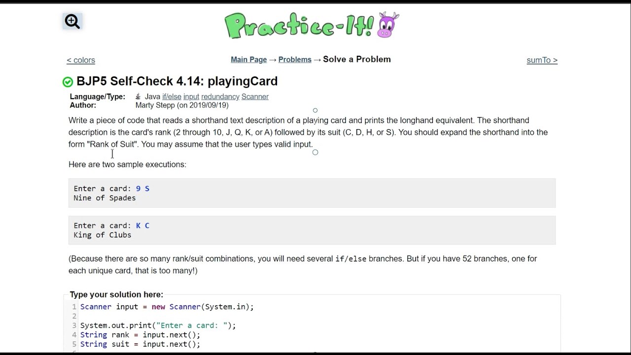 Java Practice It || 4.14 playingCard || if/ else statement, scanner, input, redundancy - YouTube
