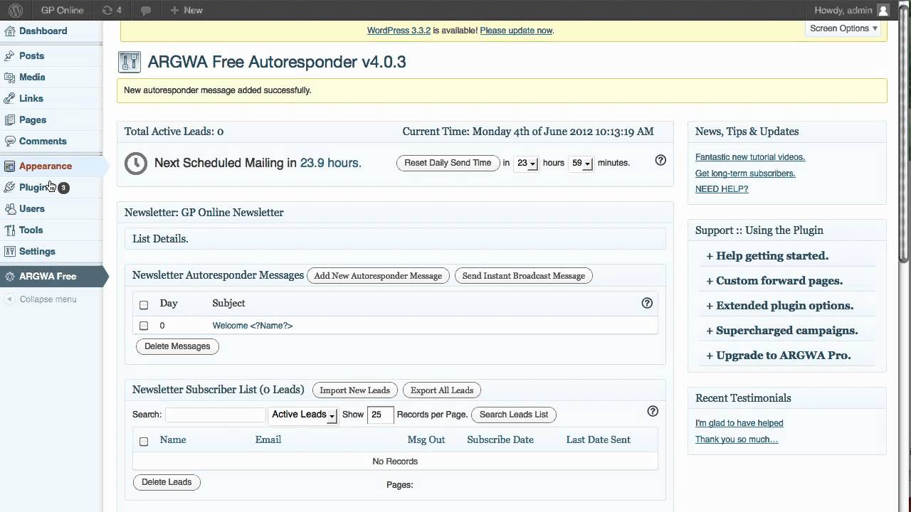 Quick Setup ARGWA Free Autoresponder Plugin. 2 minute opt-in tutorial ...